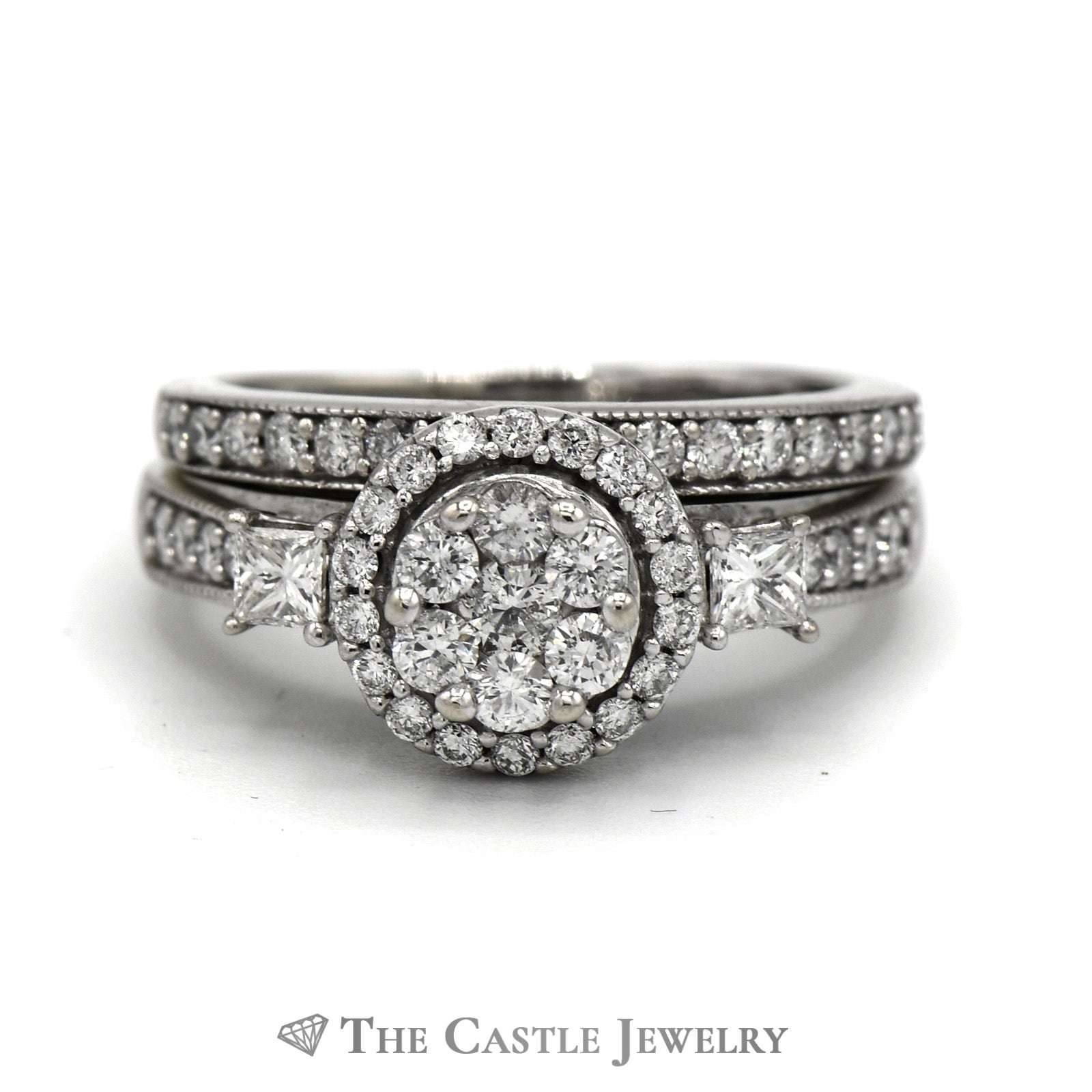 1cttw Round Shaped Diamond Cluster Bridal Set with Diamond Halo and Ac ...