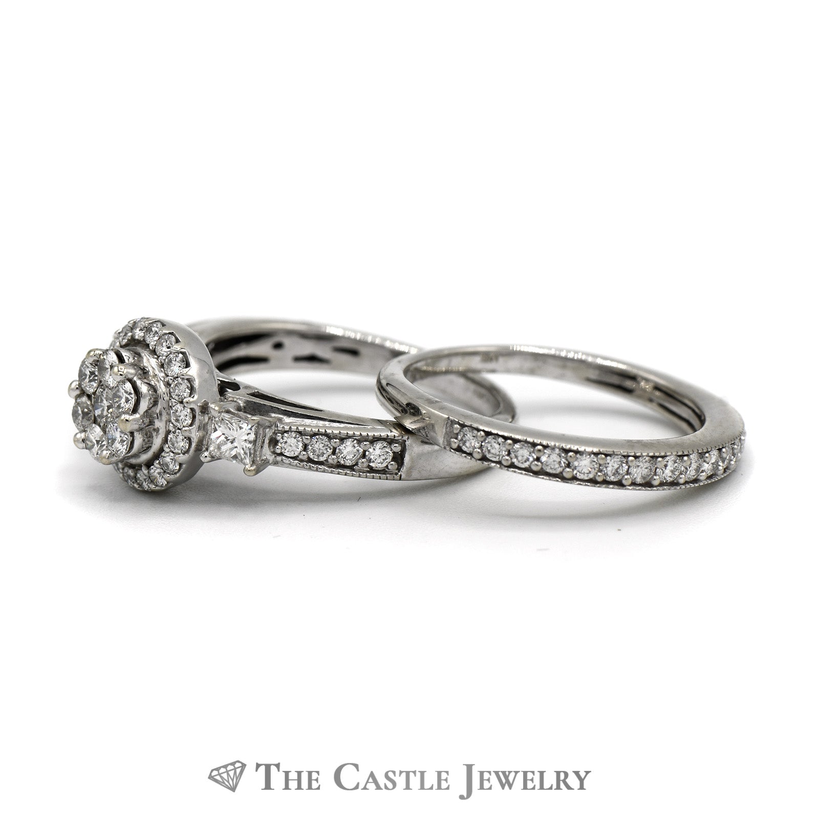 1cttw Round Shaped Diamond Cluster Bridal Set with Diamond Halo and Ac ...