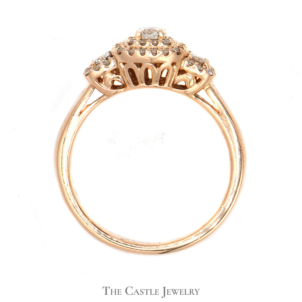 Three Stone Diamond Ring with Diamond Halo in 10k Rose Gold Split Shan ...