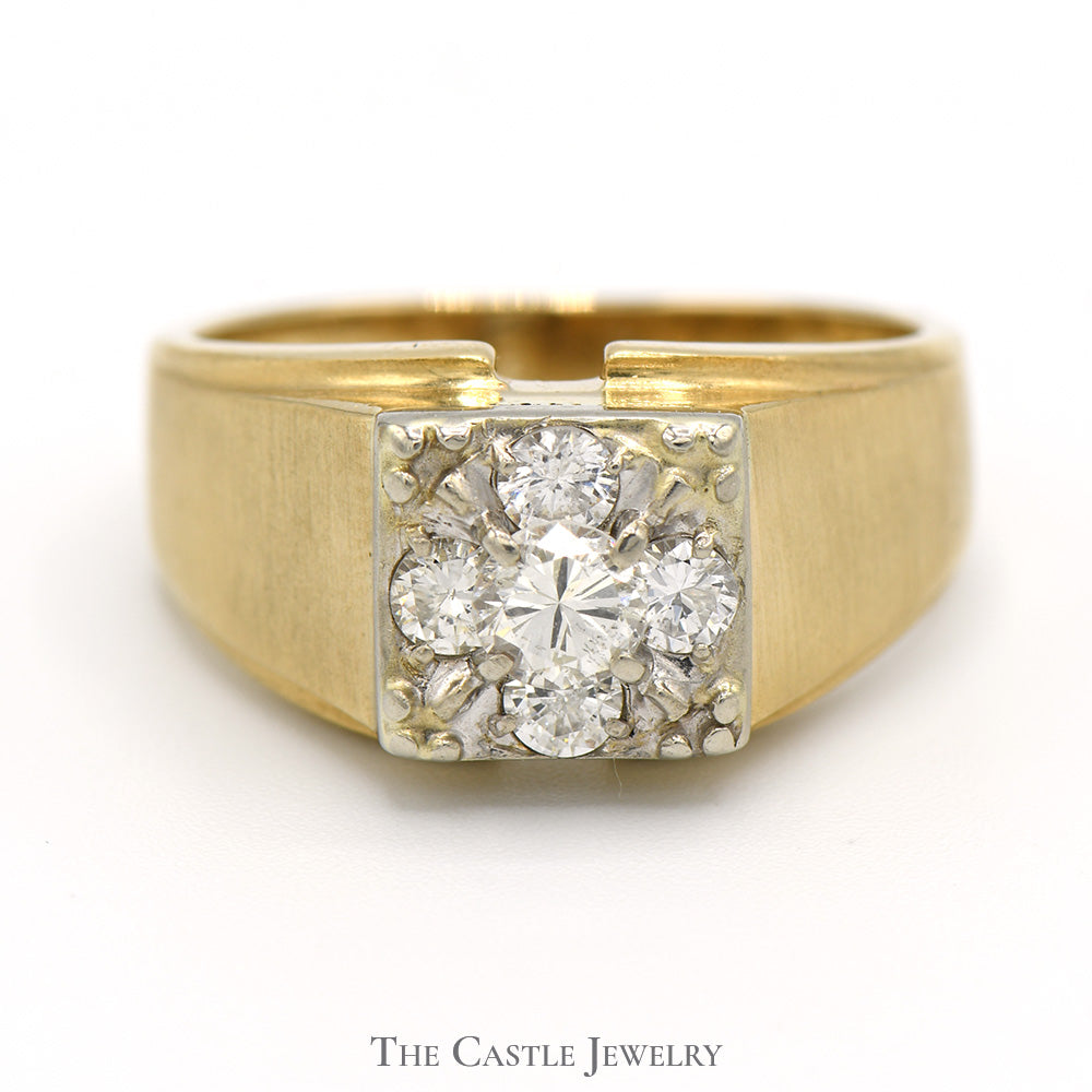 1cttw 5 Diamond Cluster Men's Ring in 14k Yellow Gold Brushed Mounting ...