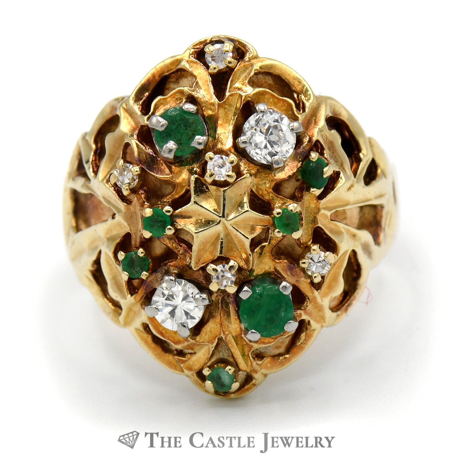 Emerald and Diamond Cluster Dome Ring with Star Design in 14k Yellow G ...