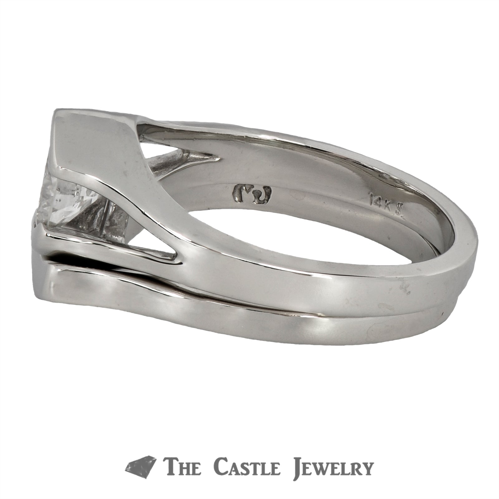Half Bezel Set Tension Style .75ct Round Diamond Bridal Set in 14K Whi ...